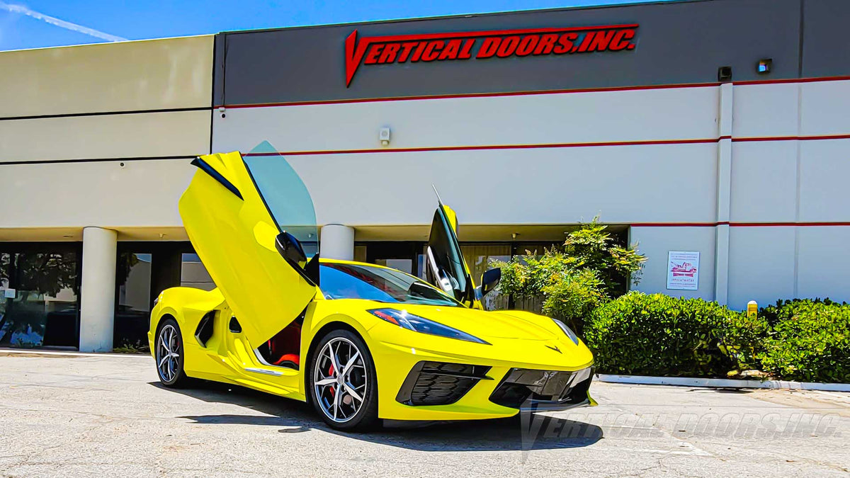 Accelerate Yellow C8 Corvette with Lambo Doors Kit installed by Vertic ...