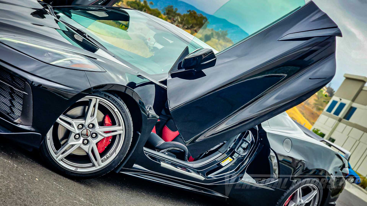 Black C8 Corvette with Lambo Doors Kit installed by Vertical Doors, In ...