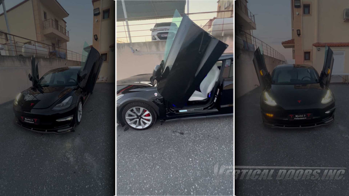 Tesla Model 3 from Greece Light Show and Lambo Doors – Vertical Doors, Inc.